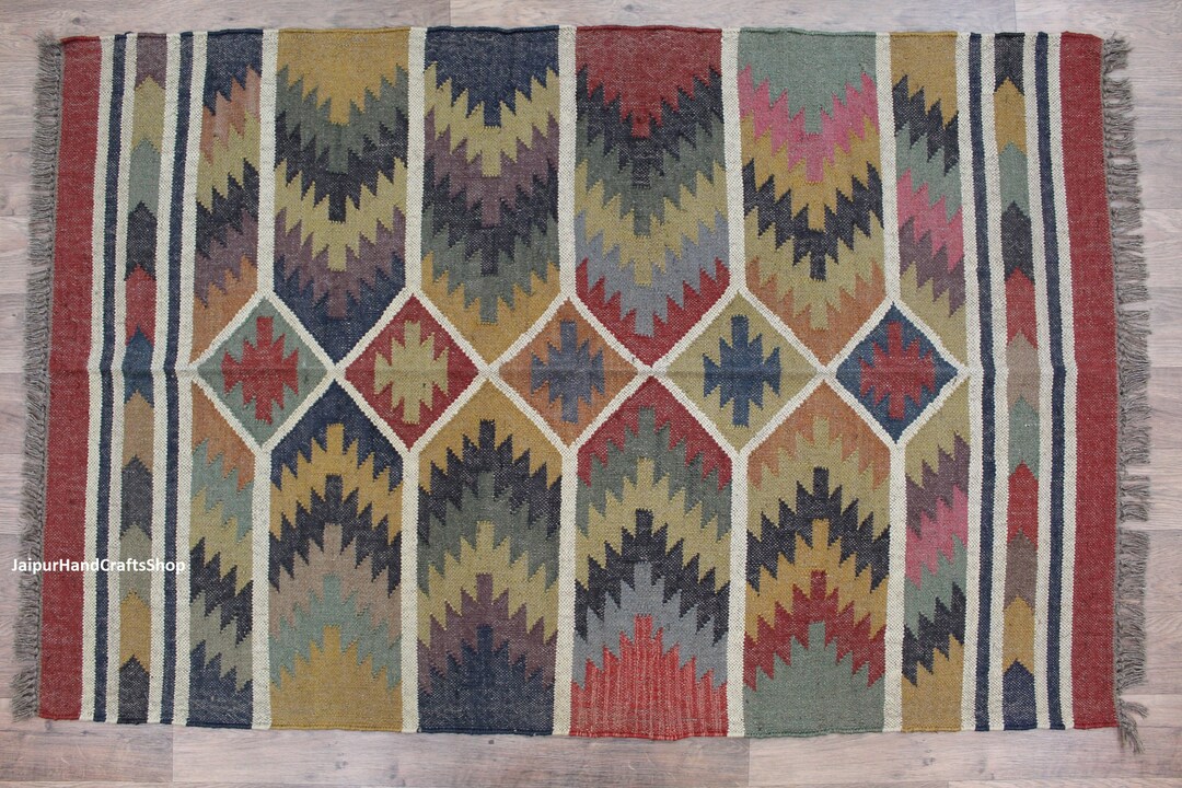 8 X 10 Ft, Handmade Wool and Jute Dhurrie Rug, Kilim Rug, Handmade ...