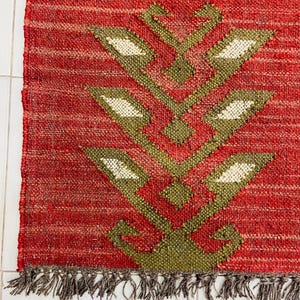 Red Square Rug, Wool Jute Square Kilim Rug for High Traffic Area Garden ...