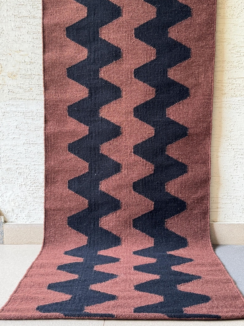 Modern Wool Runner Rug for Stairs | Brown & Black Handwoven Eco ...