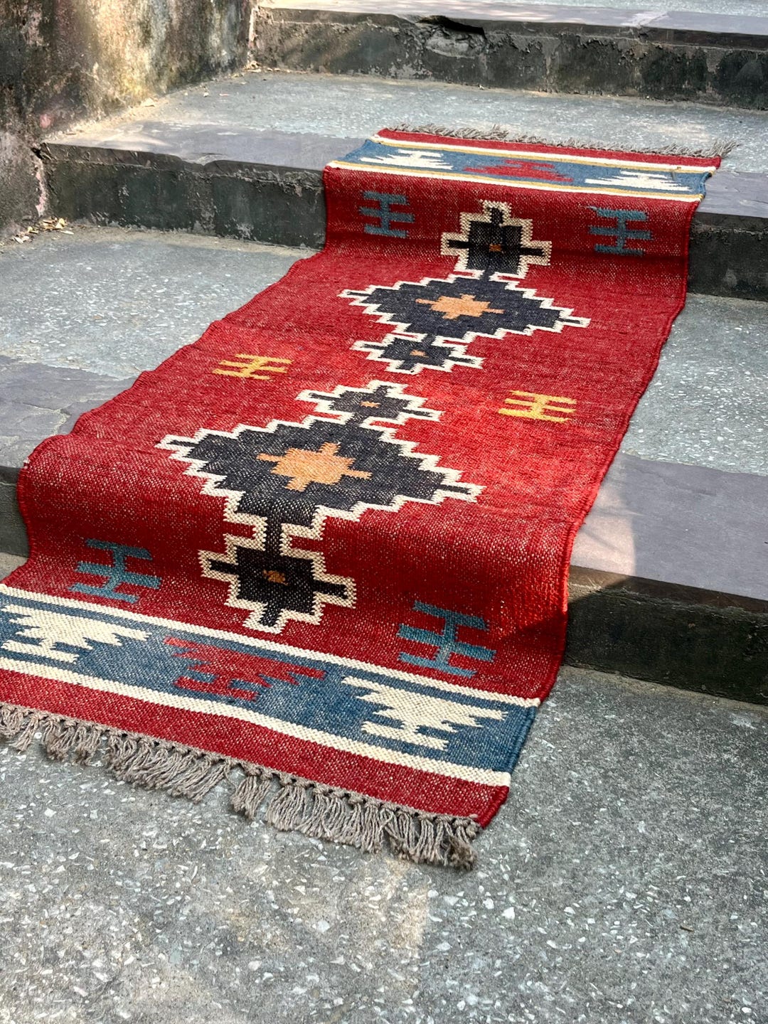Handwoven Navajo-inspired Southwestern Aztec Runner Rug, Sustainable ...