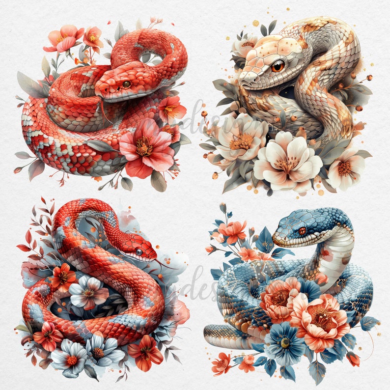 Snakes With Flowers, Watercolor Clipart, Floral Animal PNG, Sublimation ...