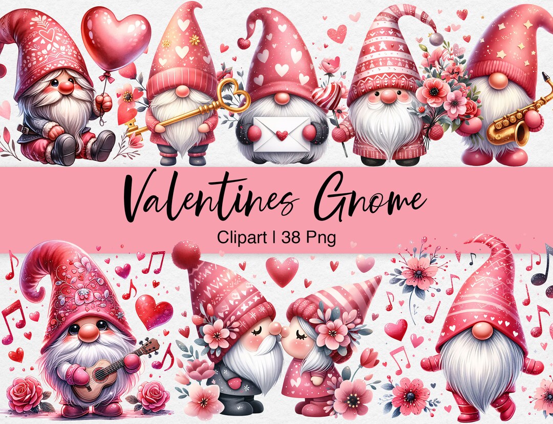 Valentines Gnome Clipart, Watercolor Valentines Day Clipart, Festive ...