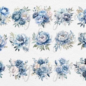 Dusty Blue Flower Clipart, Watercolor Wedding Bouquet PNG, Peony and ...