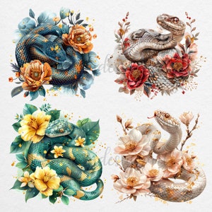 Snakes With Flowers, Watercolor Clipart, Floral Animal PNG, Sublimation ...