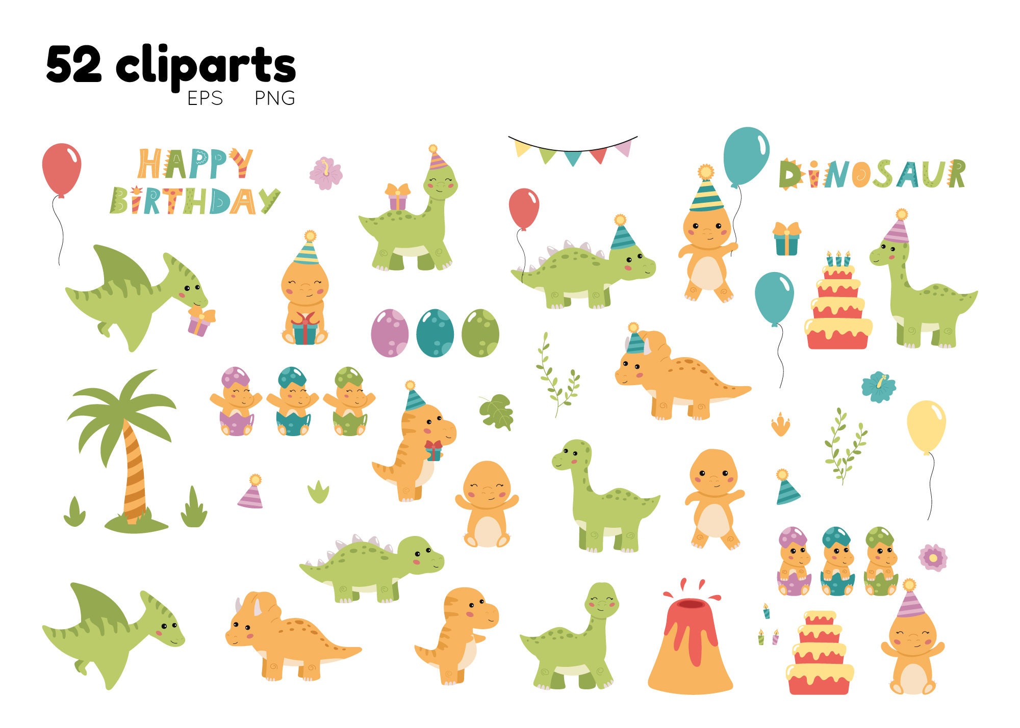 Birthday Dinosaur Clipart for Party Cute Childish Birthday | Etsy