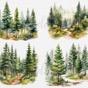 Forest Landscape Clipart, Watercolor Pine Tree PNG, Woodland Background ...