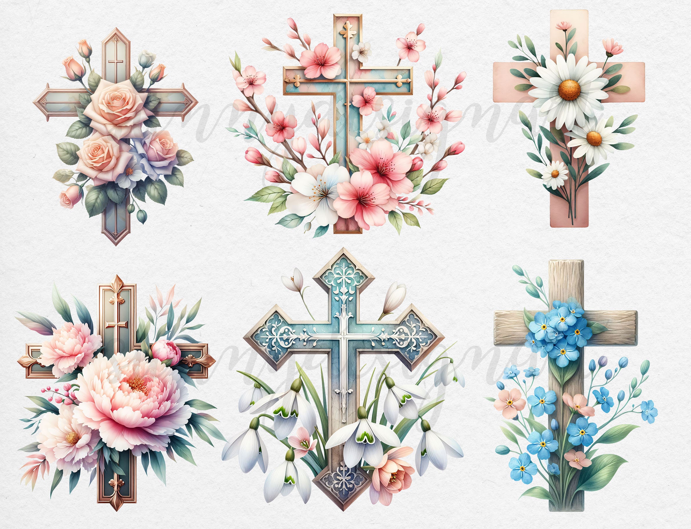 Watercolor Floral Cross PNG Bundle, Christian Easter Clipart for Bible ...