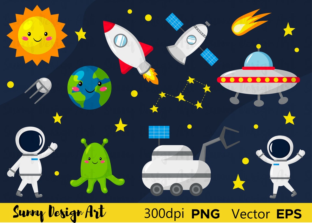 Kawaii Space Clipart: Astronauts, Aliens, Rockets (PNG, Vector) - Etsy
