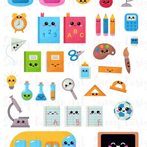 Vector Back to School Kawaii Clipart, Education Supplies, Digital Paper ...
