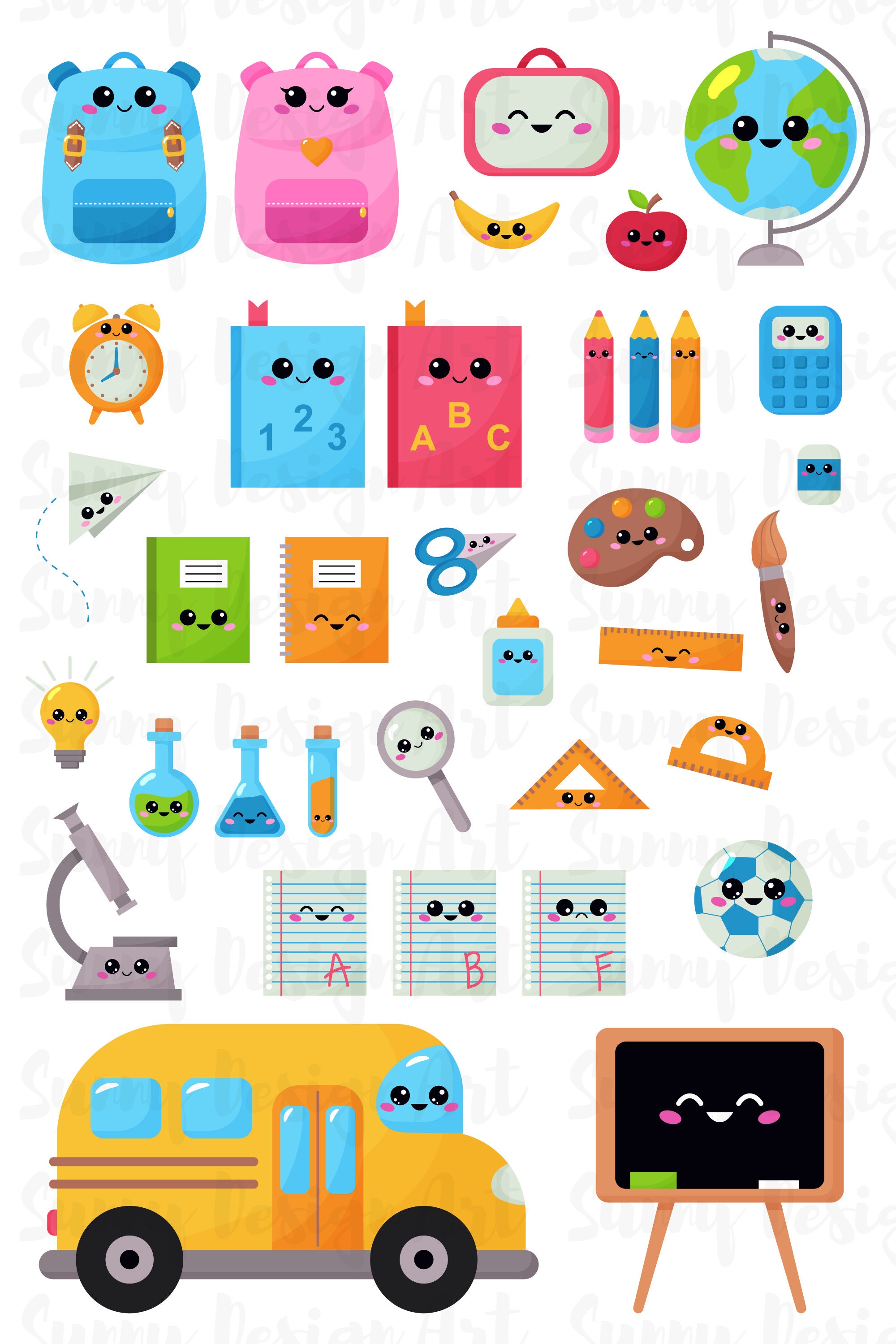 Vector Back to School Kawaii Clipart Education Supplies | Etsy