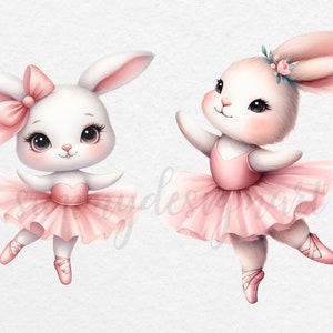 Ballerina Bunny Clipart, Watercolor Clip Art, Dancing Bunnies in Pink ...