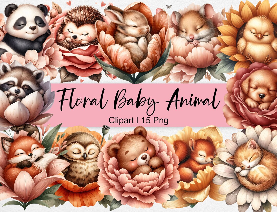 Baby Animals Sleeping in Flowers Clipart: Nursery PNG Graphics ...