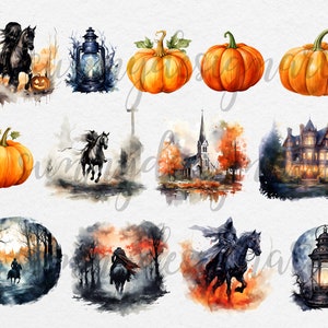 Sleepy Hollow Watercolor Clipart: Headless Horseman, Pumpkins (PNG ...
