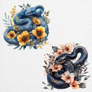 Snakes With Flowers, Watercolor Clipart, Floral Animal PNG, Sublimation ...