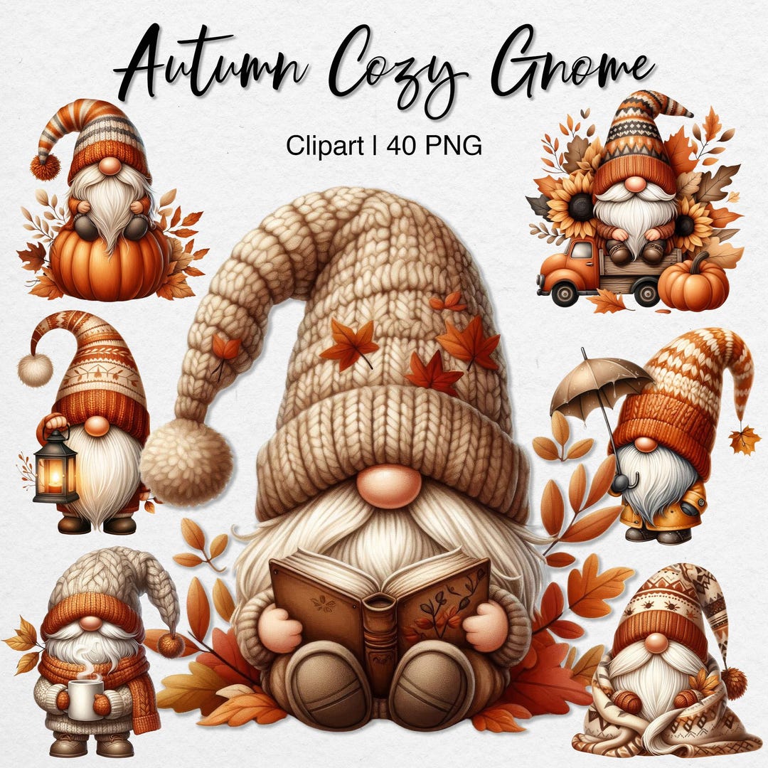 Fall Cozy Gnome Clipart Bundle PNG, Watercolor Autumn, Thanksgiving ...