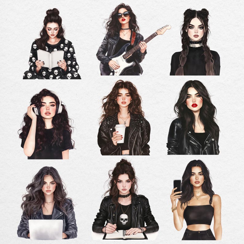 Rock Girl Clipart, Punk Aesthetic PNG, Watercolor Women Stickers, Rock ...