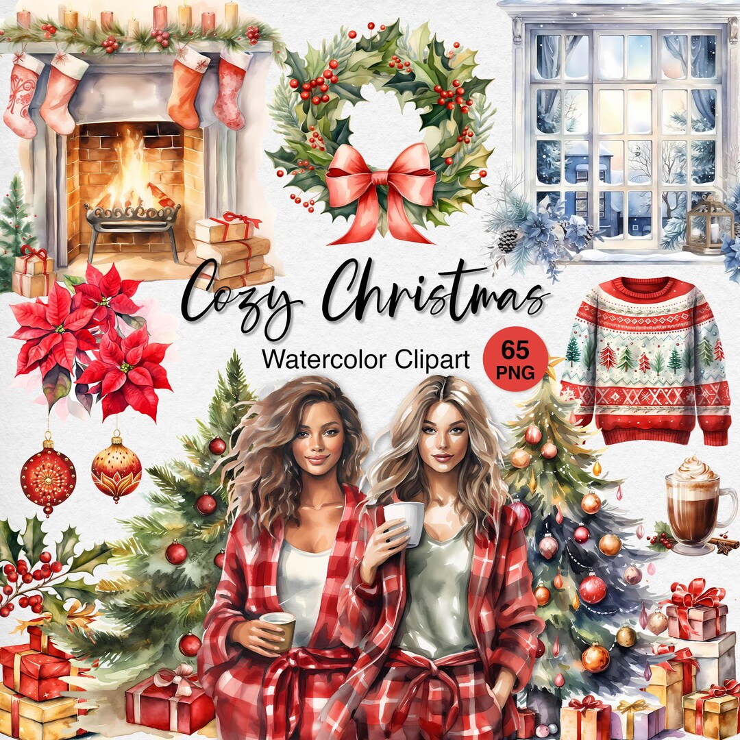 Cozy Christmas Watercolor Clipart: Holiday Girls, Winter Sweaters ...