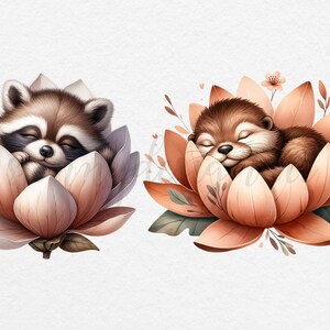 Baby Animals Sleeping in Flowers Clipart, Floral Animal Nursery Print ...