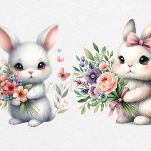 Easter Bunny With Flowers Clipart, White Rabbit, Floral Bouquets ...