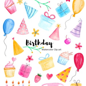 Birthday Clip Art, Watercolor Birthday Party, Bday Clipart, Watercolor ...