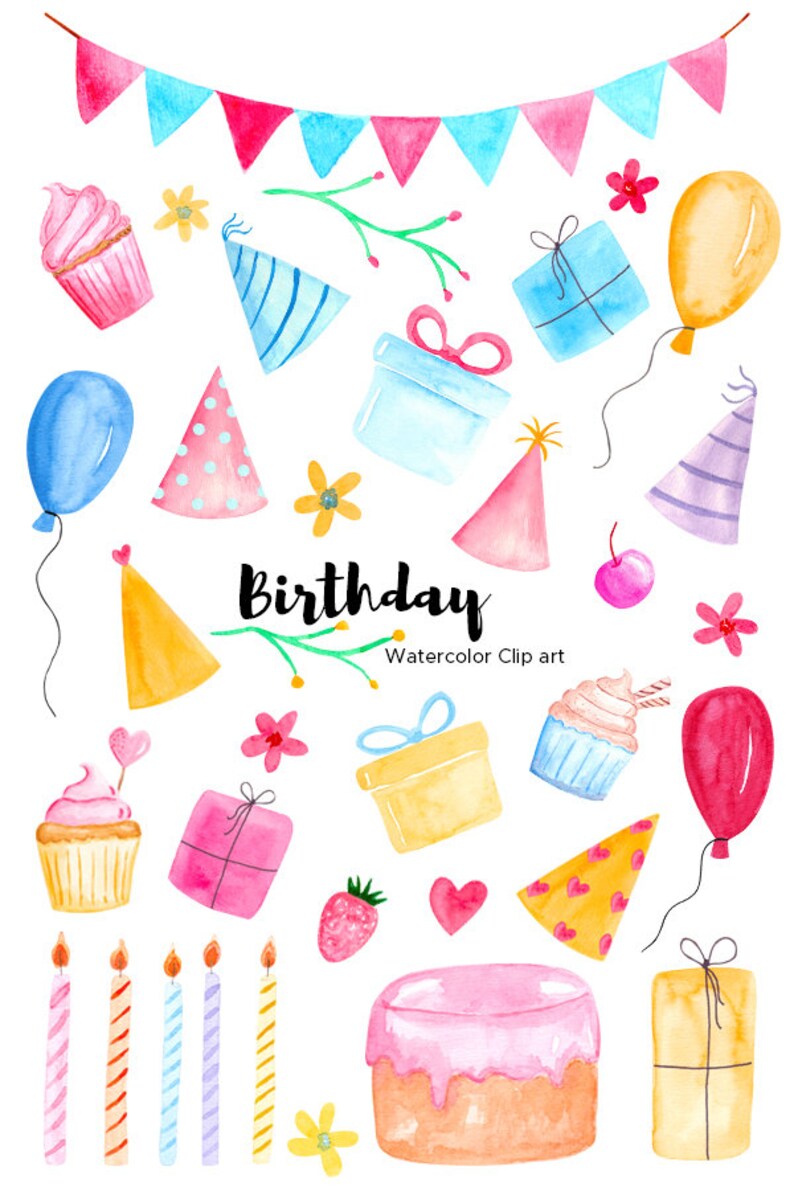 Birthday Clip Art Watercolor Birthday Party Bday Clipart | Etsy