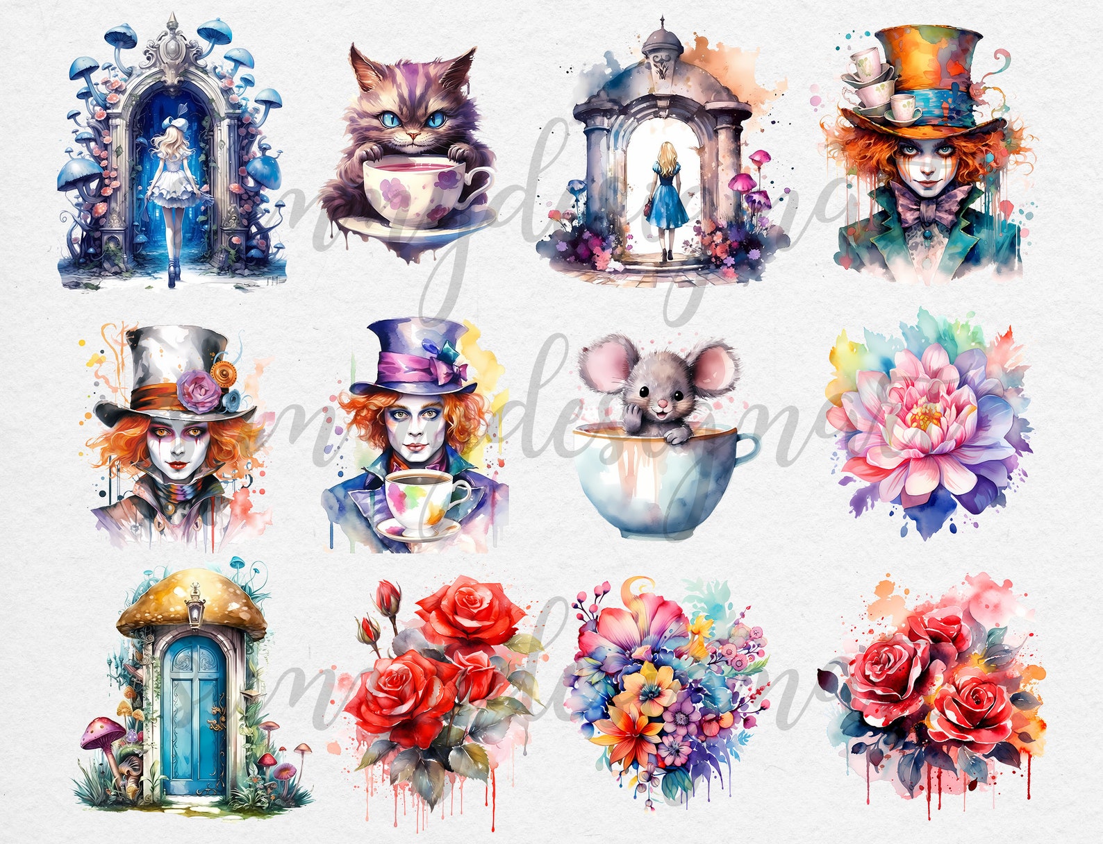 Watercolor Alice in Wonderland Clipart: Fairytale PNG Set (commercial ...