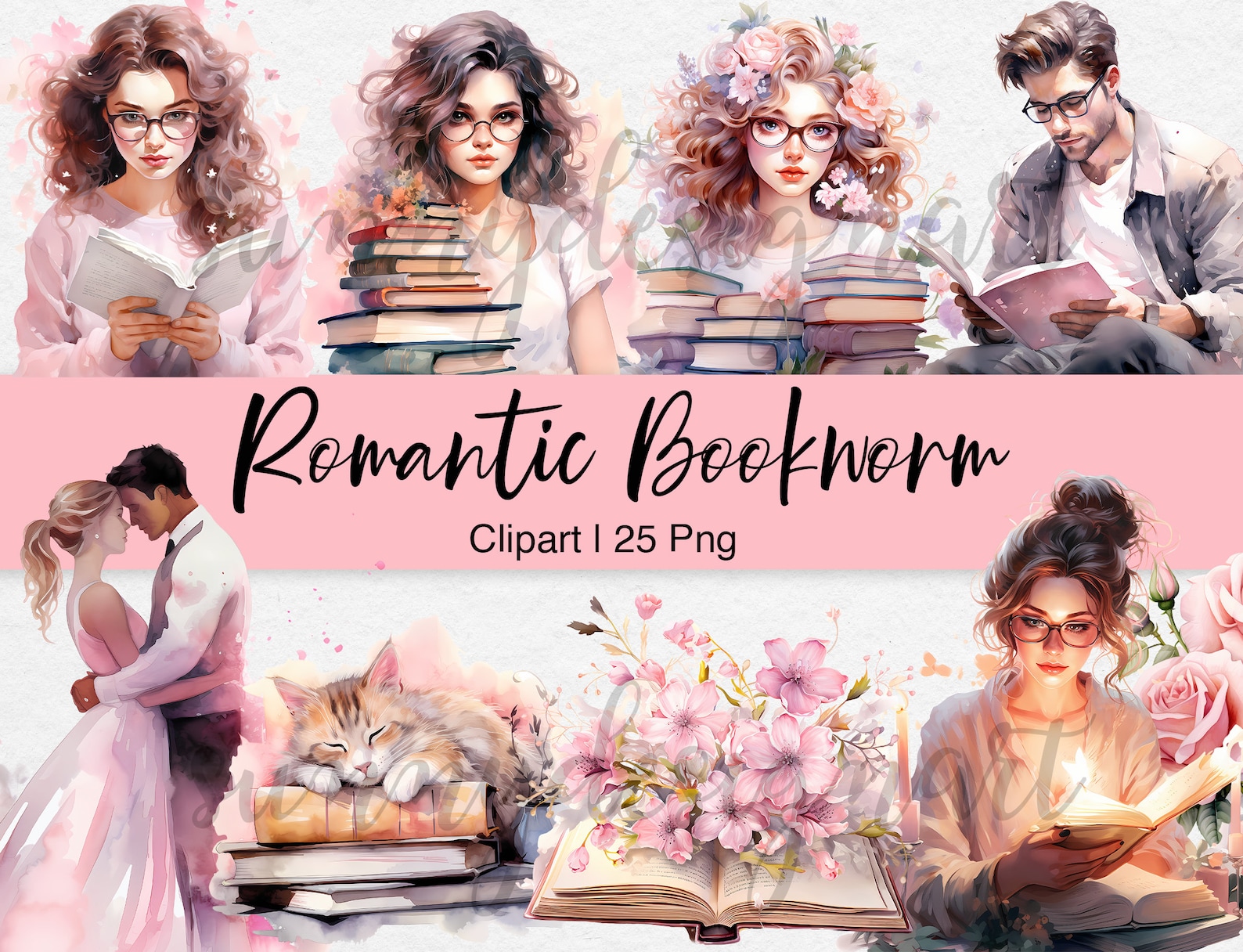 Romantic Bookworm Clipart: Watercolor Book Lover PNG (commercial Use ...