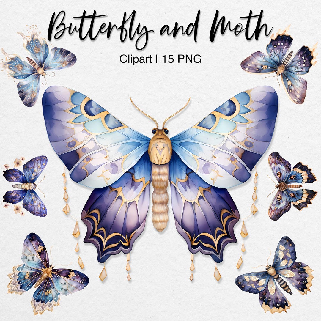 Watercolor Butterfly & Moth Clipart: Mystical Fantasy PNG Bundle ...