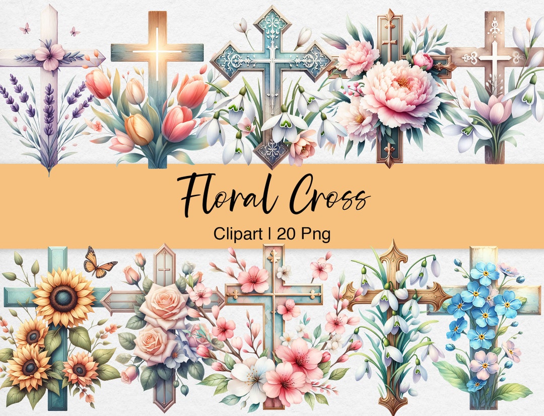 Watercolor Floral Cross PNG Bundle, Christian Easter Clipart for Bible ...