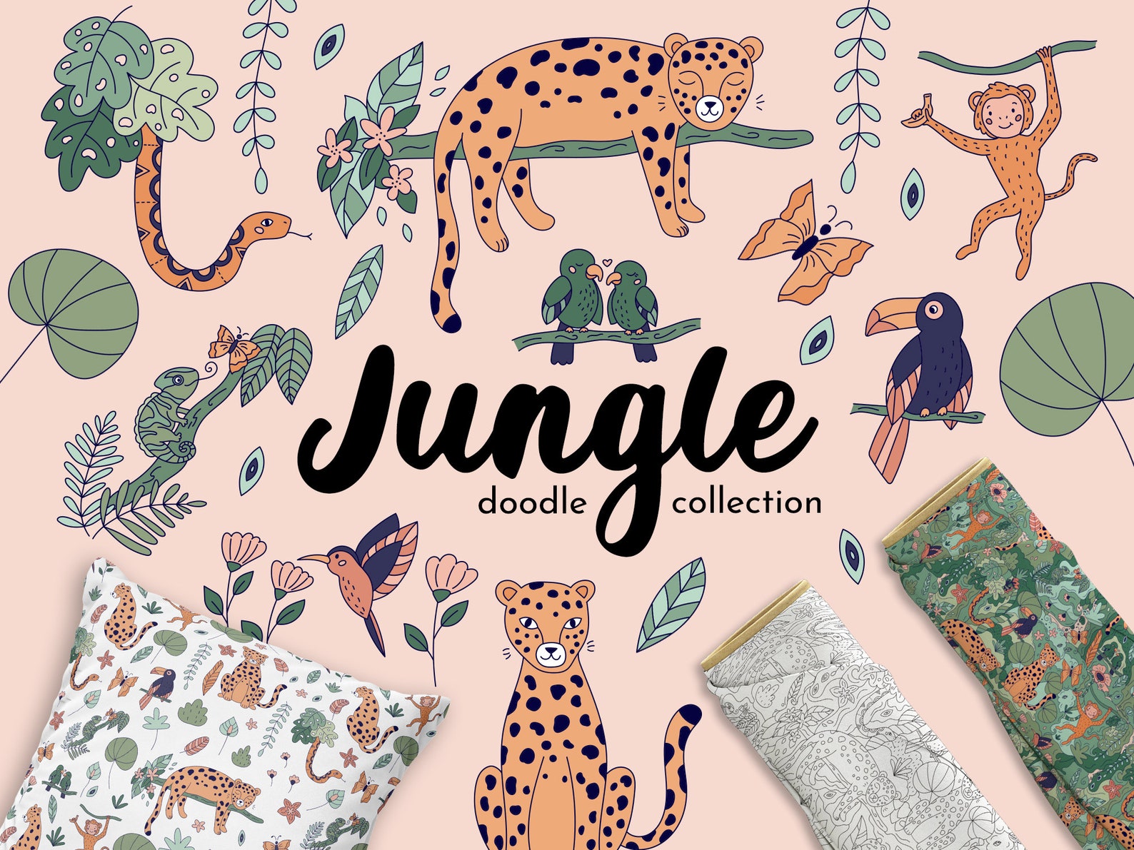 Jungle Animals Doodle Clipart Collection Hand Drawn Line Art - Etsy Israel