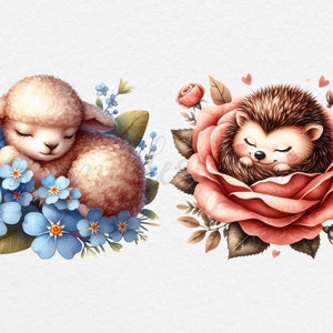 Baby Animals Sleeping in Flowers Clipart, Floral Animal Nursery Print ...