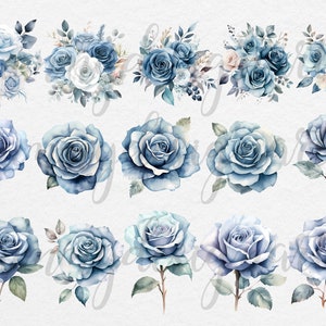 Dusty Blue Flower Clipart, Watercolor Wedding Bouquet PNG, Peony and ...