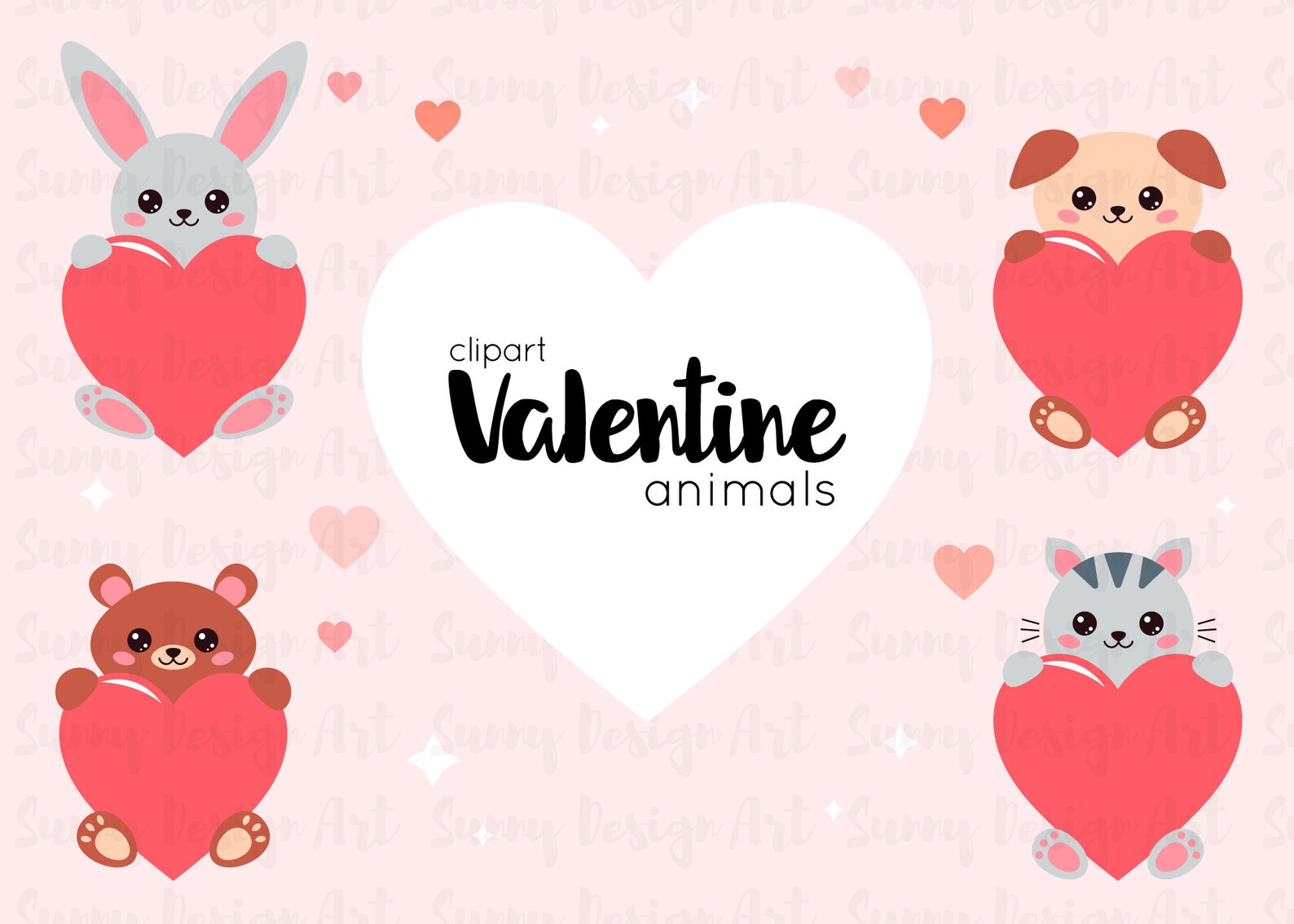 Saint Valentine Animals With Hearts Clipart Vector Set | Etsy