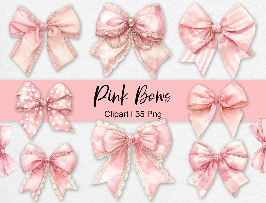 Pink Bows Clipart: Watercolor Ribbon PNG, Coquette Shabby Chic Silk and ...