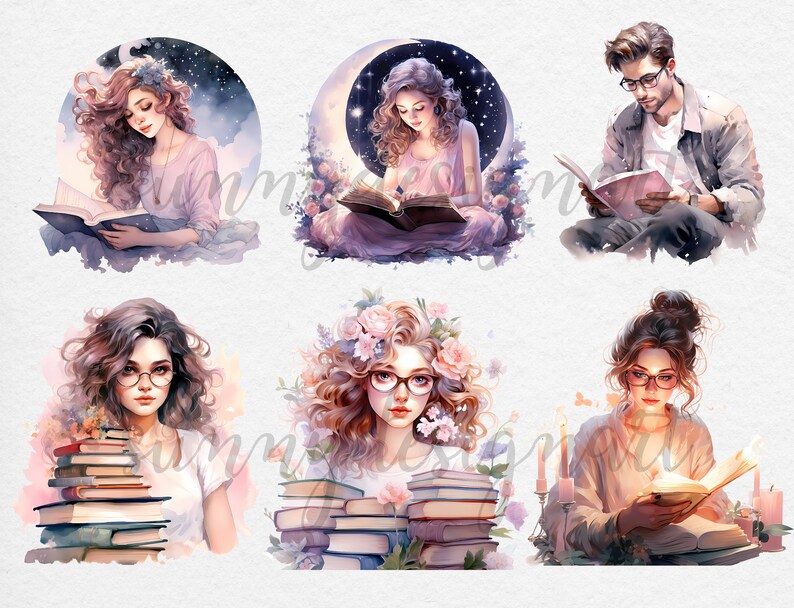 Romantic Bookworm Clipart: Watercolor Book Lover PNG (commercial Use ...