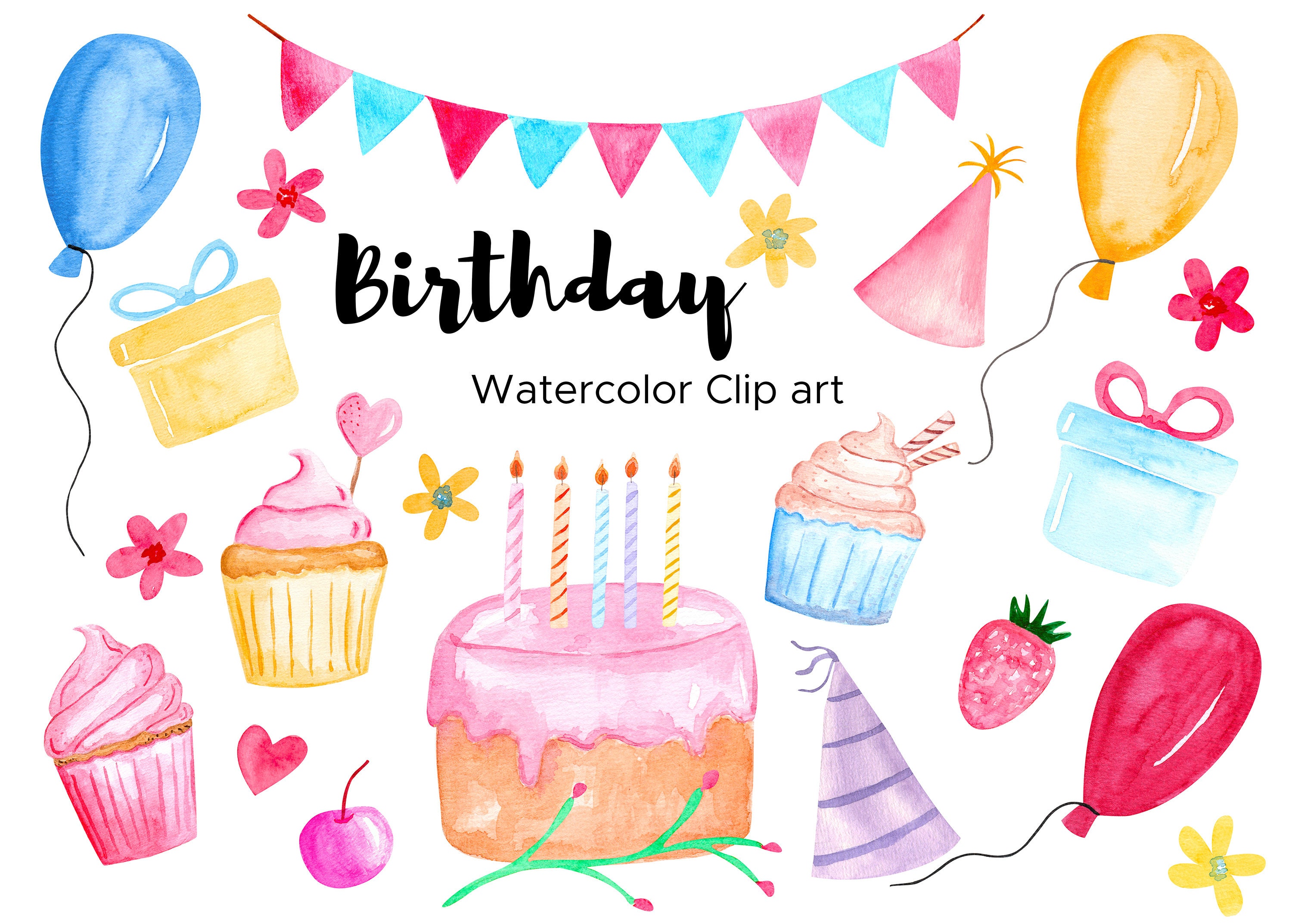 Birthday Clip Art Watercolor Birthday Party Bday Clipart | Etsy