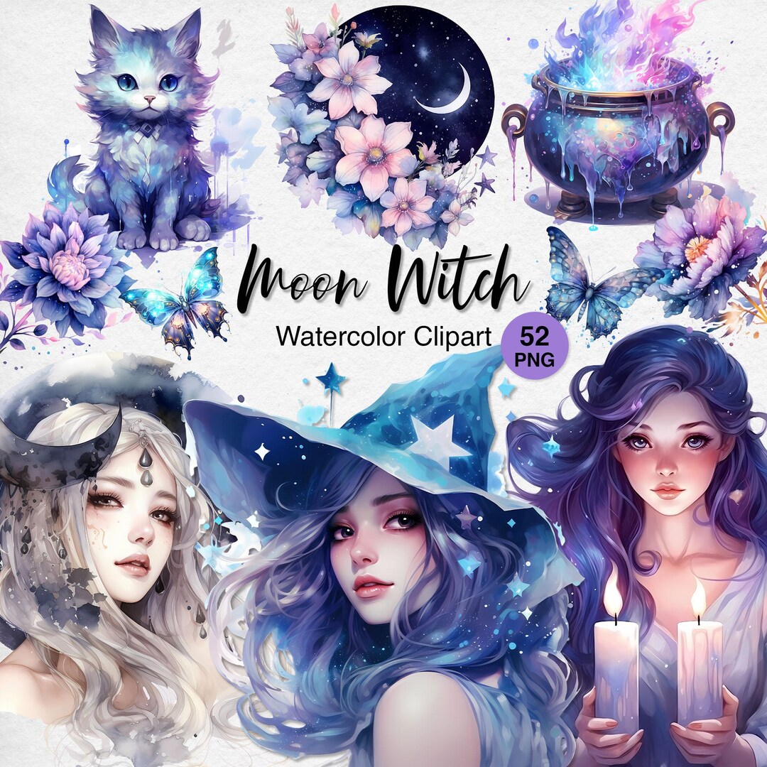 Mystic Moon Witch Clipart Bundle: 52 PNG Magical Witchcraft Cat & Owl ...