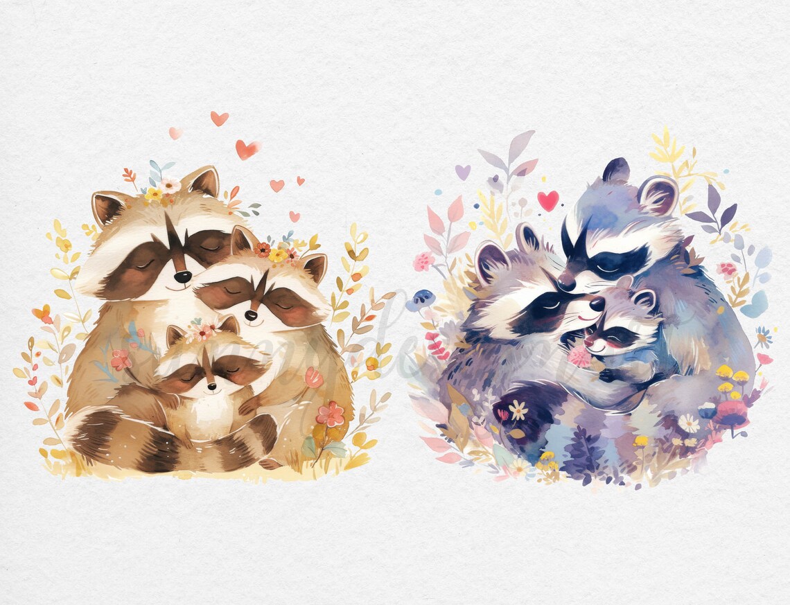 Watercolor Raccoon Family Clipart: Forest Animal PNG (digital Download ...