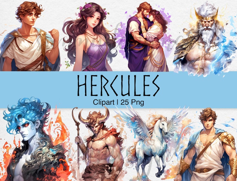 Greek Gods Watercolor Clipart: Hercules, Zeus, Pegasus (PNG Digital ...