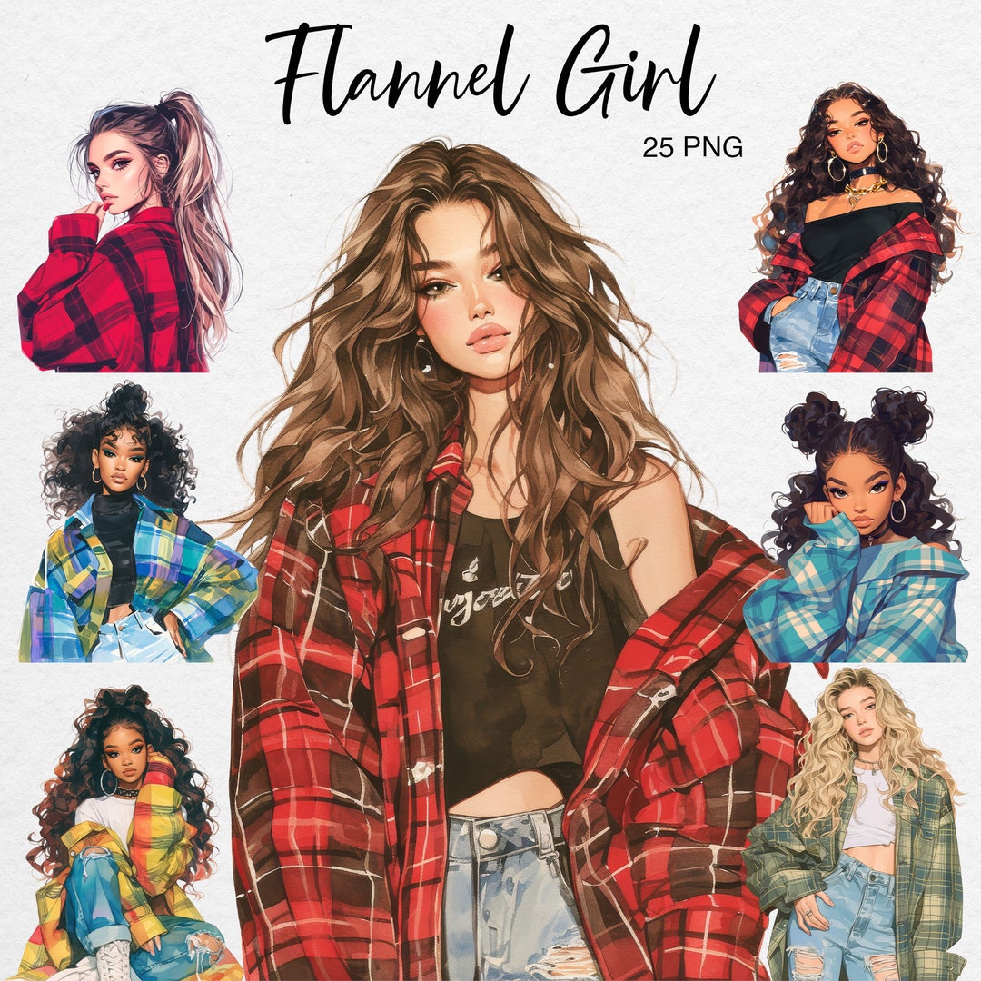 Flannel Girls Clipart: Watercolor Fashion PNG, Chic Woman Graphics for ...