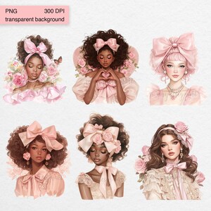 Coquette Watercolor Clipart, Pink Ribbon Bow, Vintage Girl PNG ...