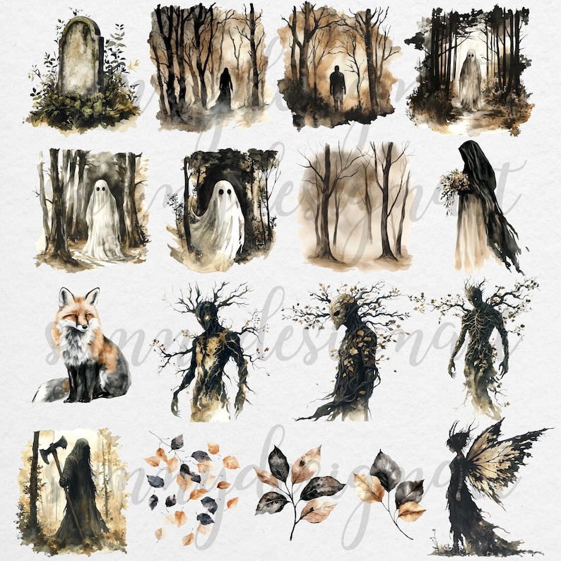 Spooky Forest Clipart: Watercolor Haunted Woods PNG, Gothic Halloween ...