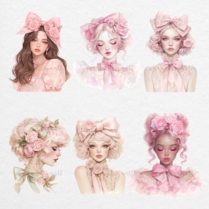 Coquette Watercolor Clipart, Pink Ribbon Bow, Vintage Girl PNG ...