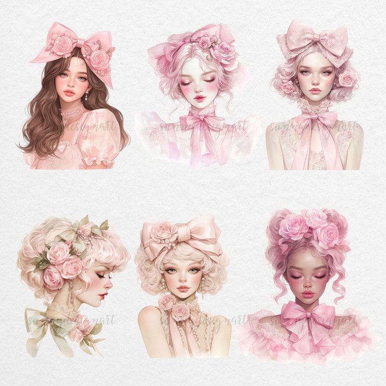 Coquette Clipart: Watercolor Pink Ribbon Bow PNG, Vintage Girl ...