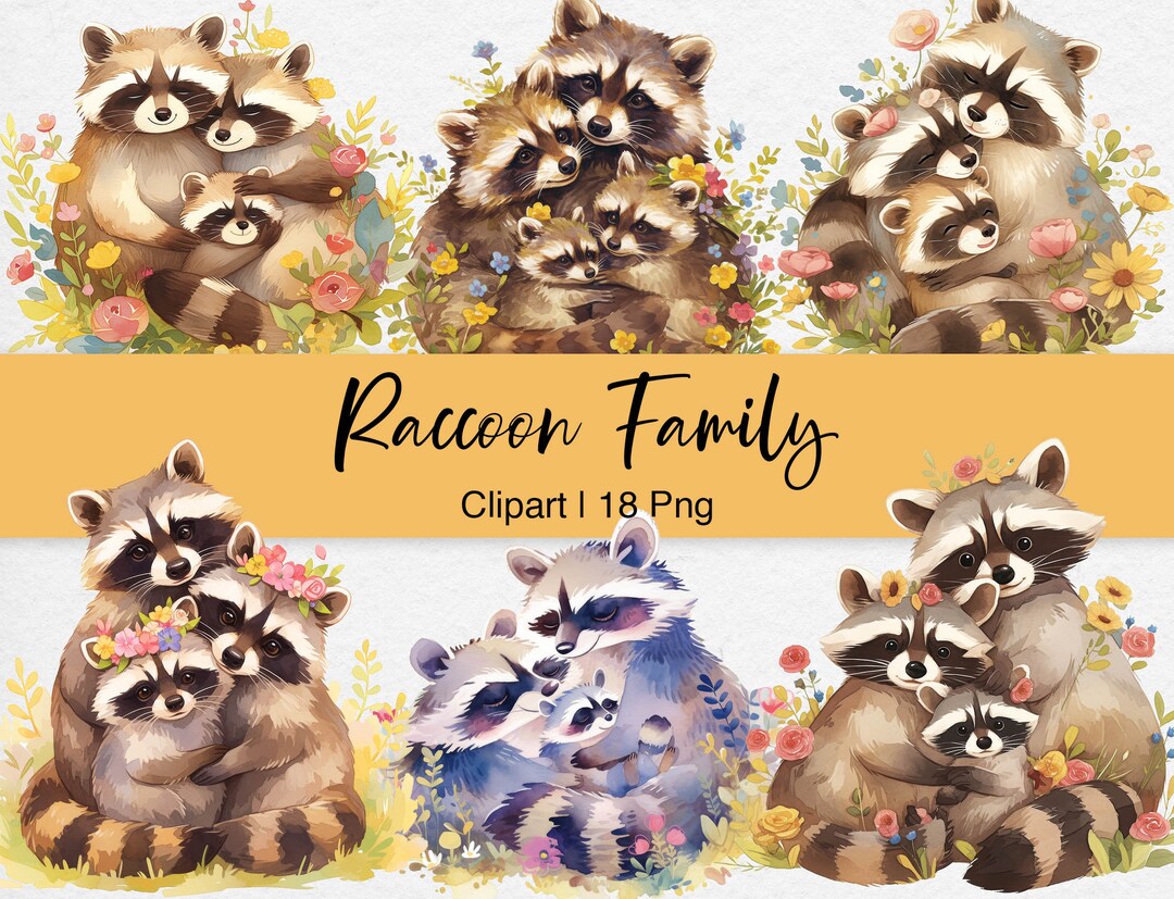 Raccoon Family Clipart, Watercolor Forest Animal PNG, Mom, Dad, Cute ...