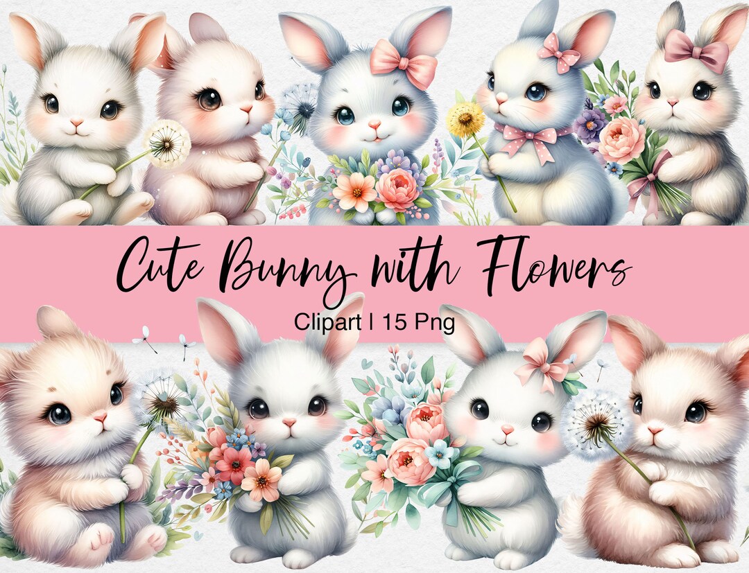 Easter Bunny With Flowers Clipart, White Rabbit, Floral Bouquets ...