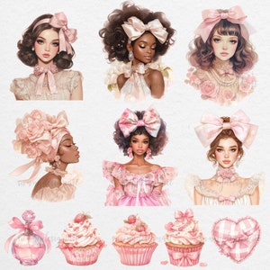 Coquette Watercolor Clipart, Pink Ribbon Bow, Vintage Girl PNG ...