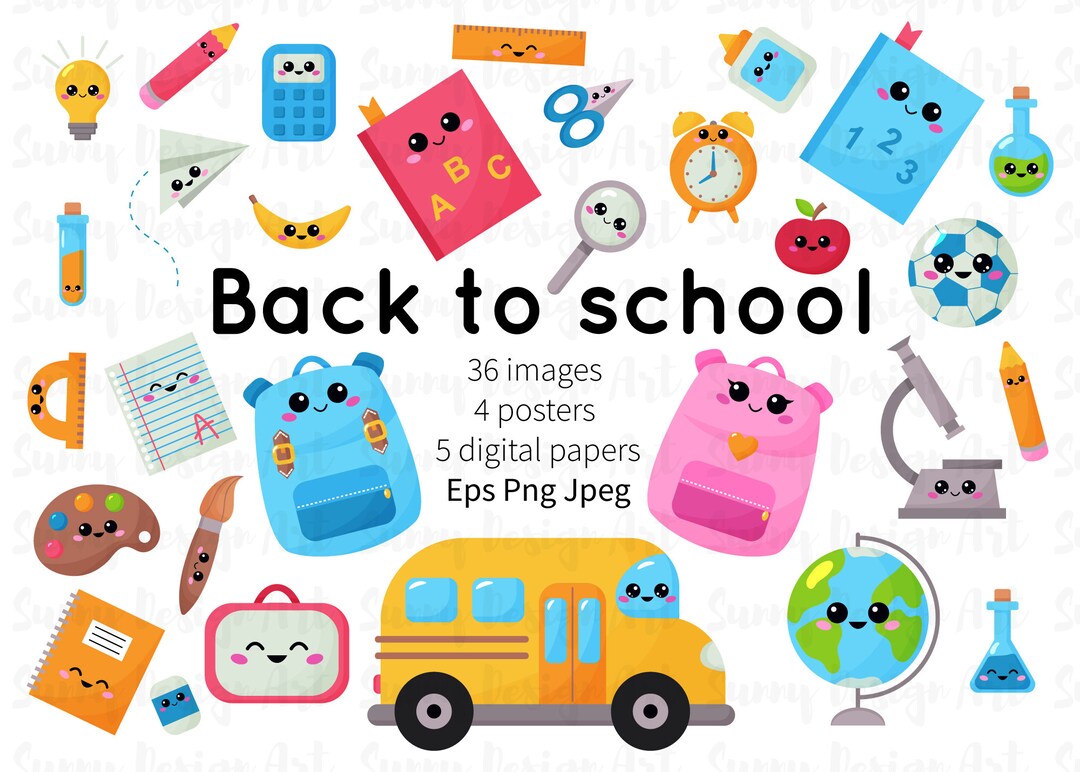 Vector Back to School Kawaii Clipart, Education Supplies, Digital Paper ...
