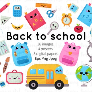 Vector Back to School Kawaii Clipart, Education Supplies, Digital Paper ...