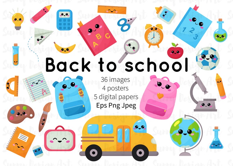Vector Back to School Kawaii Clipart Education Supplies - Etsy